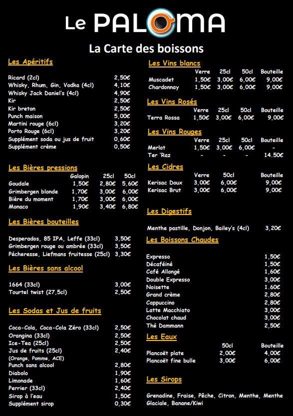 La carte des menus - Le Paloma