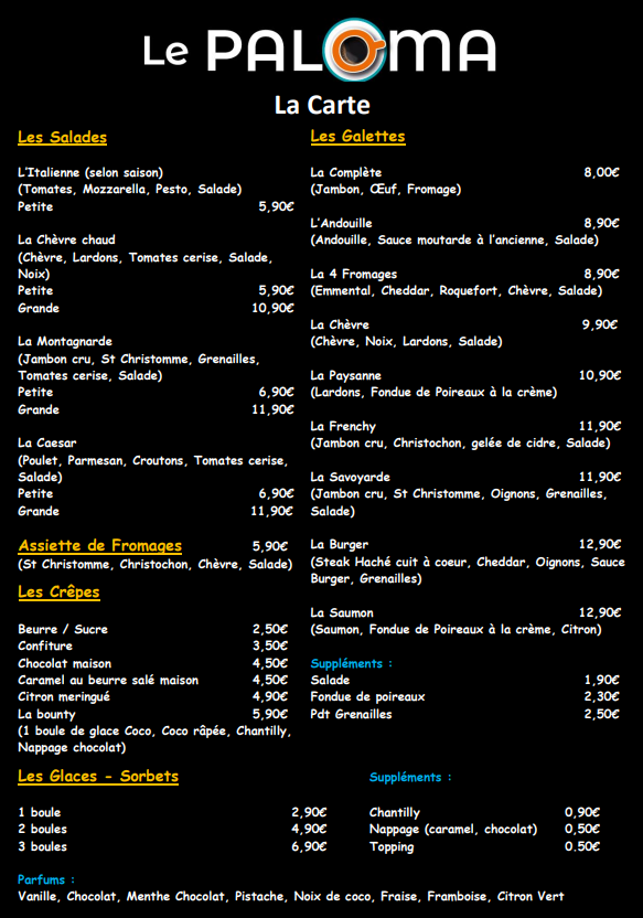 La carte des menus - Le Paloma