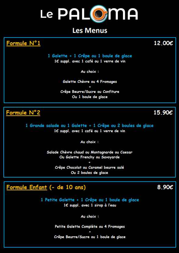 La carte des menus - Le Paloma